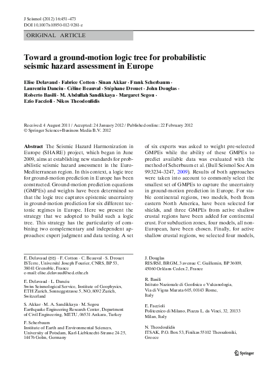 (PDF) Toward a ground-motion logic tree for probabilistic seismic hazard assessment in Europe