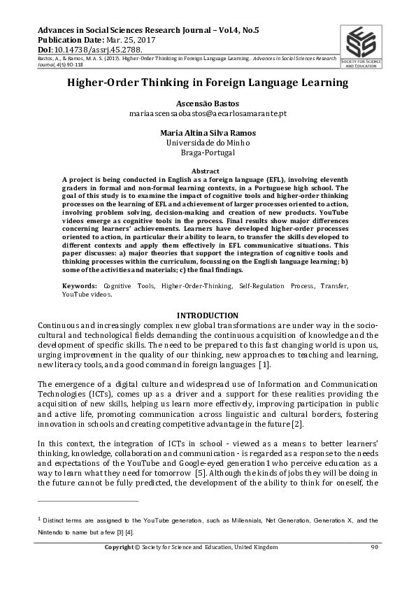 (PDF) Higher-Order Thinking in Foreign Language Learning