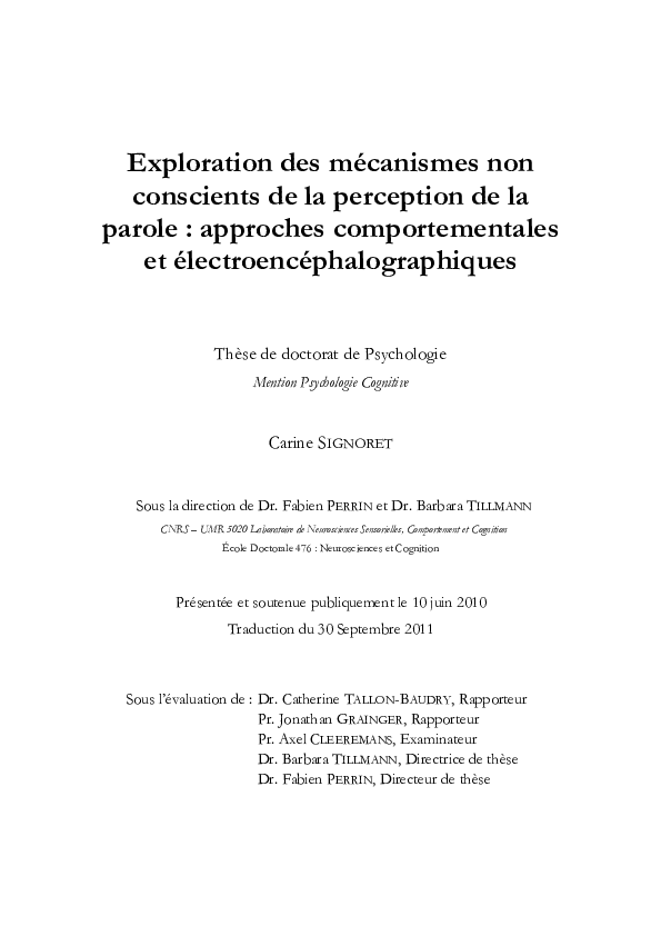 (PDF) Exploration des mécanismes non conscients de la perception de la ...