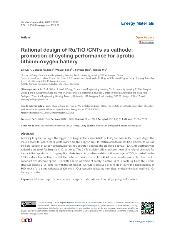 (PDF) Rational design of Ru/TiO2 /CNTs as cathode: promotion of cycling ...