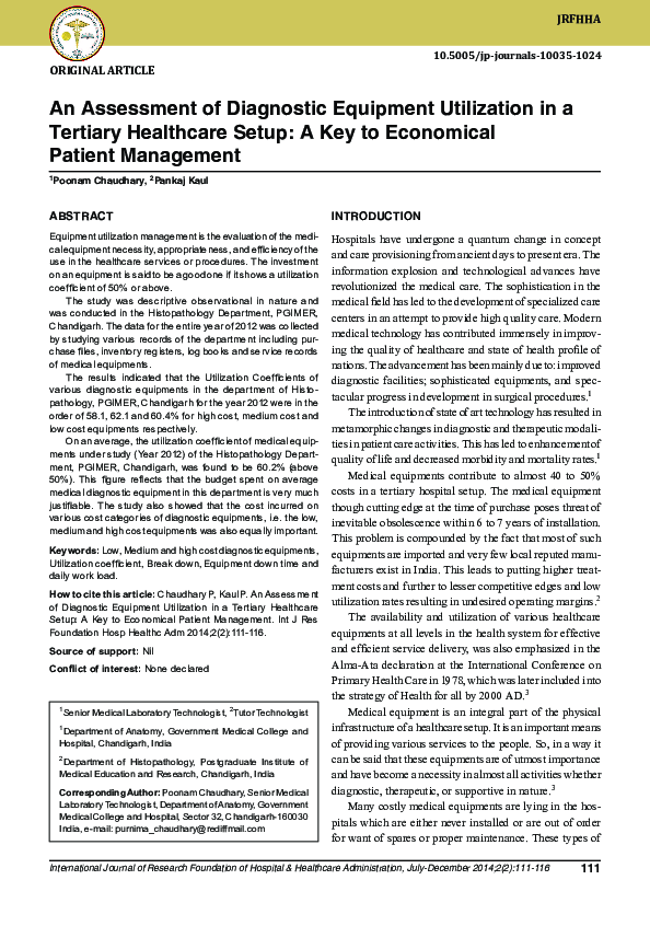 (PDF) An Assessment of Diagnostic Equipment Utilization in a Tertiary ...