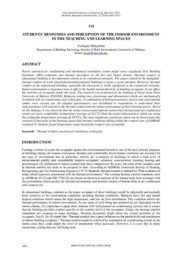 (PDF) Students responses and perception of the indoor environment in the teaching and learning ...
