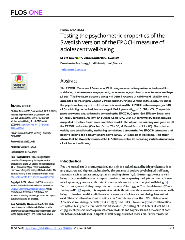 Pdf Testing The Psychometric Properties Of The Swedish Version Of The