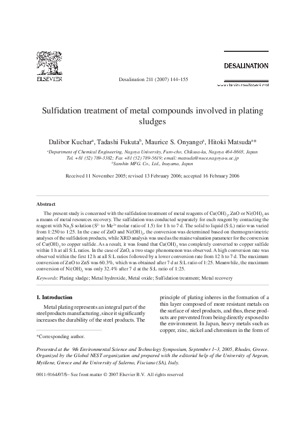 (PDF) Sulfidation treatment of metal compounds involved in plating sludges