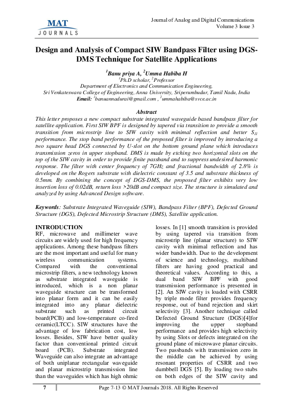 (PDF) Design And Analysis Of Compact Siw Bandpass Filter Using Dgs-Dms Technique For Satellite ...