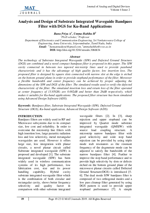(PDF) Analysis and Design of Substrate Integrated Waveguide Bandpass Filter with DGS for Ku-Band ...