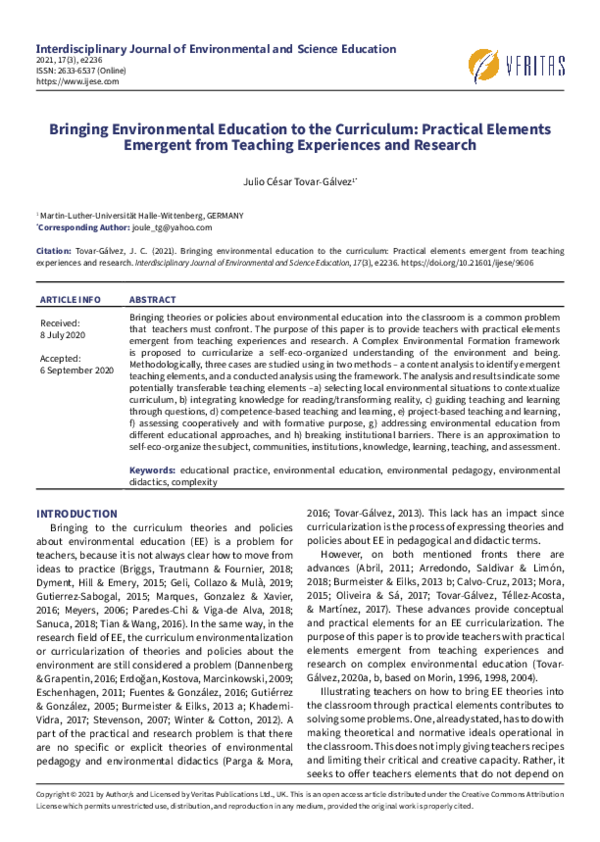 (PDF) Bringing Environmental Education to the Curriculum: Practical ...