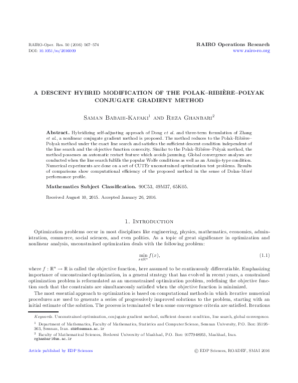 (PDF) A descent hybrid modification of the Polak–Ribière–Polyak conjugate gradient method