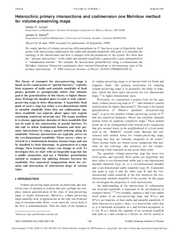 (PDF) Heteroclinic primary intersections and codimension one Melnikov method for volume ...