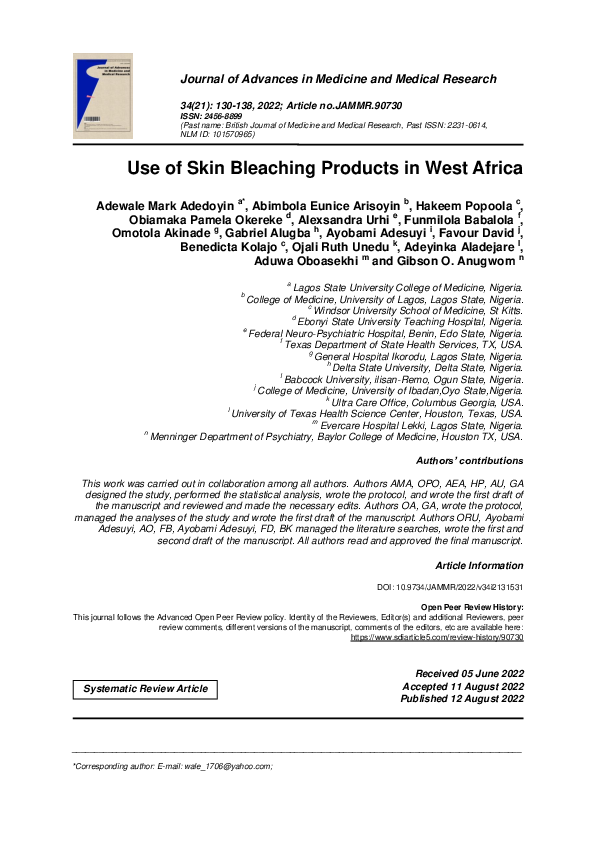 (PDF) Use of Skin Bleaching Products in West Africa