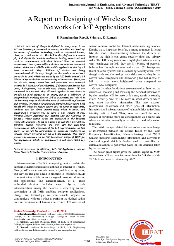 (PDF) A Report on Designing of Wireless Sensor Networks for IoT Applications