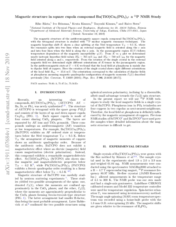 (PDF) Magnetic structure of the square cupola compound Ba(TiO) Cu4(PO4 ...