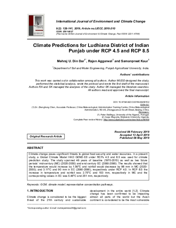 (PDF) Climate Predictions for Ludhiana District of Indian Punjab under ...
