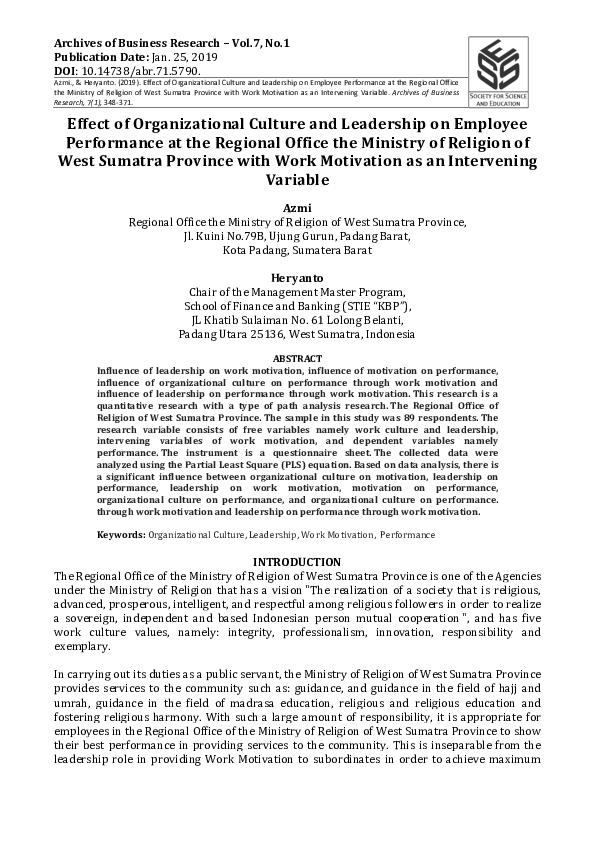 (PDF) Effect of Organizational Culture and Leadership on Employee Performance at the Regional ...
