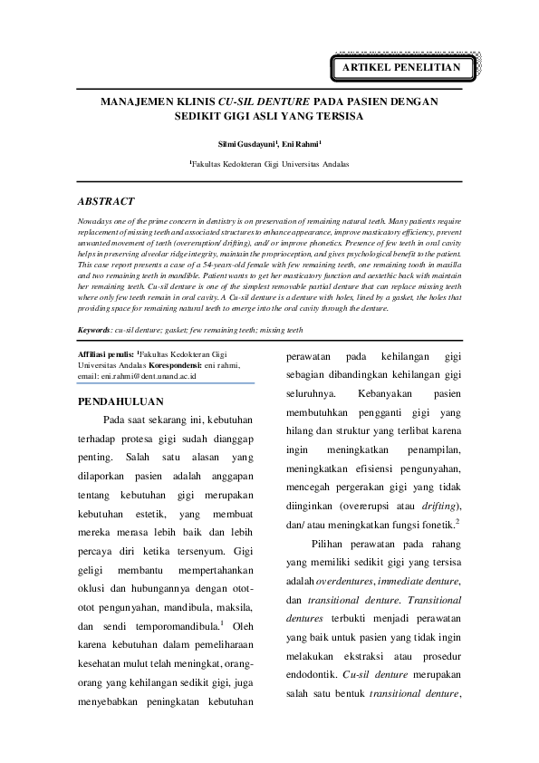 (PDF) Manajemen Klinis Cu-Sil Denture Pada Pasien Dengan Sedikit Gigi ...