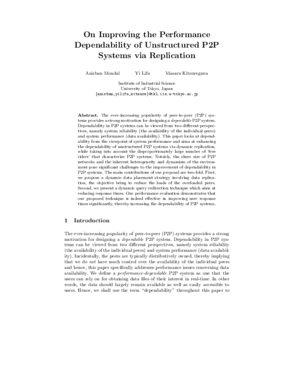 Pdf On Improving The Performance Dependability Of Unstructured P2p