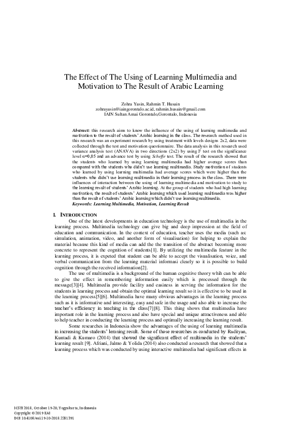 (PDF) The Effect of The Using of Learning Multimedia and Motivation to The Result of Arabic Learning