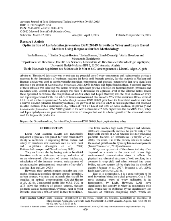 Pdf Optimization Of Lactobacillus Fermentum Dsm 20049 Growth On Whey And Lupin Based Medium