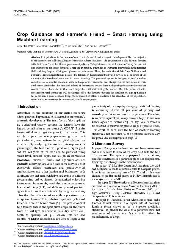 (PDF) Crop Guidance and Farmer’s Friend – Smart Farming using Machine ...