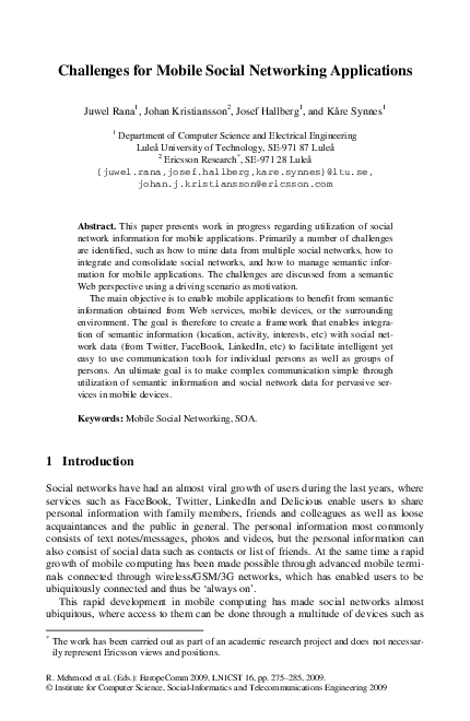 Pdf Challenges For Mobile Social Networking Applications