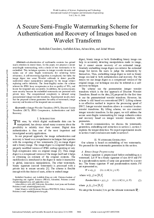 (PDF) A Secure Semi-Fragile Watermarking Scheme For Authentication And Recovery Of Images Based ...