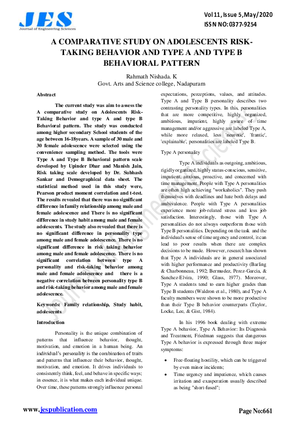(PDF) A COMPARATIVE STUDY ON ADOLESCENTS RISK-TAKING BEHAVIOR AND TYPE A AND TYPE B BEHAVIORAL ...
