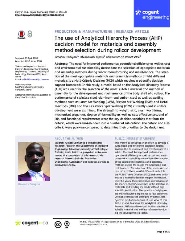 (PDF) The use of Analytical Hierarchy Process (AHP) decision model for materials and assembly ...