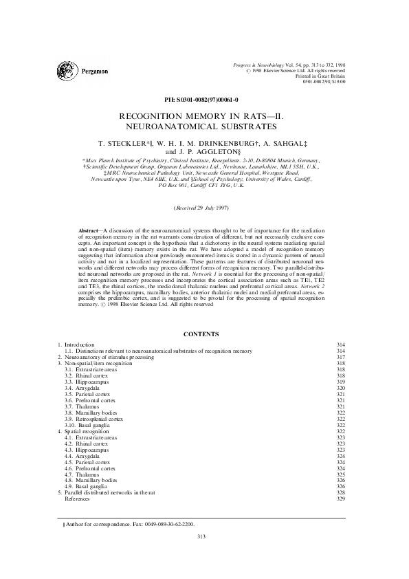 (PDF) Recognition memory in rats—II. Neuroanatomical substrates