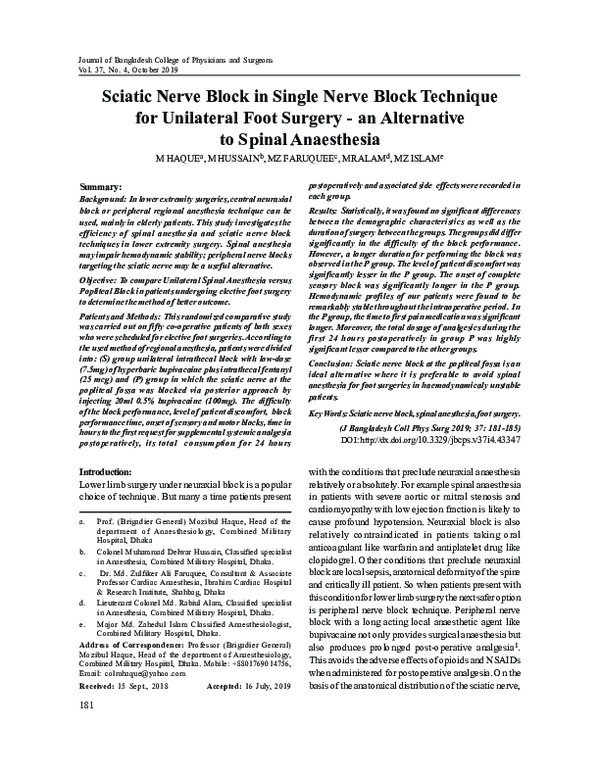 (PDF) Sciatic Nerve Block in Single Nerve Block Technique for Unilateral Foot Surgery - an ...