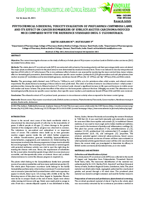 (PDF) PHYTOCHEMICAL SCREENING, TOXICITY EVALUATION OF POLYCARPAEA CORYMBOSA LAMK AND ITS EFFECT ...