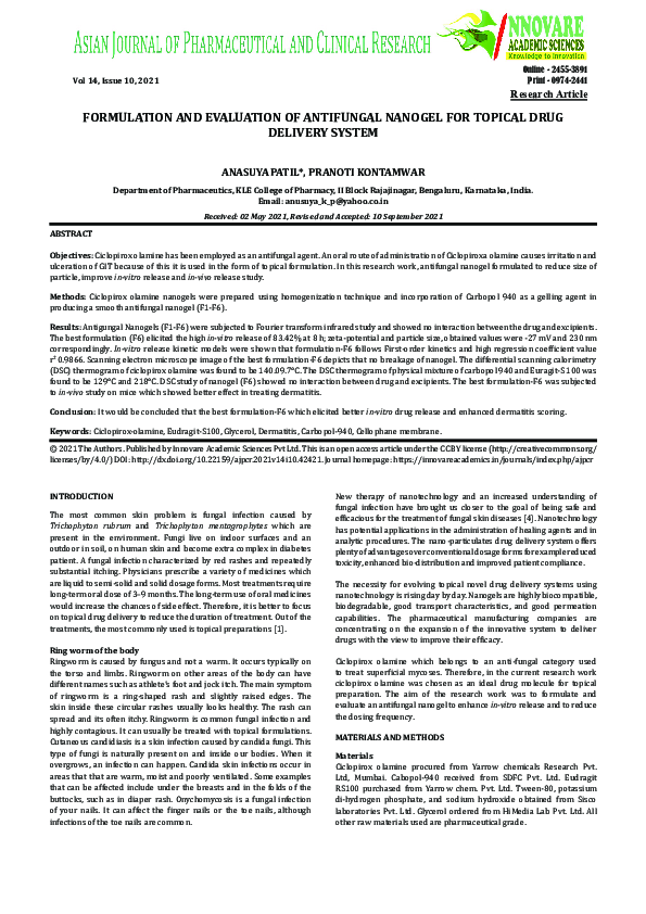(PDF) FORMULATION AND EVALUATION OF ANTIFUNGAL NANOGEL FOR TOPICAL DRUG ...