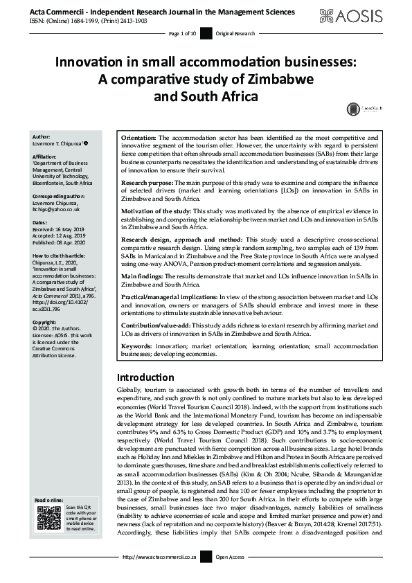 (PDF) Innovation in small accommodation businesses: A comparative study of Zimbabwe and South Africa