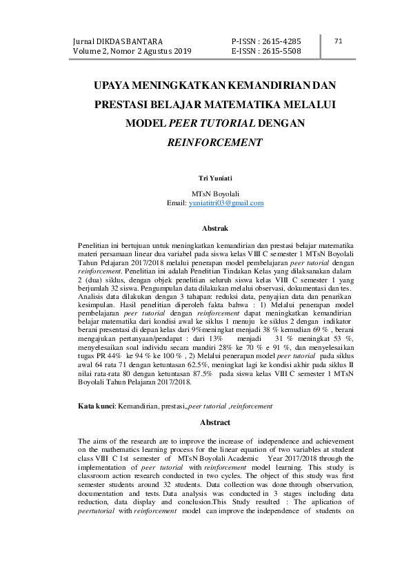 (PDF) Upayameningkatkankemandiriandan Prestasibelajarmatematikamelalui Modelpeertutorialdengan ...