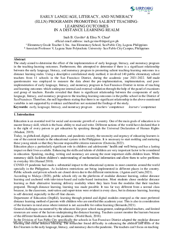 (PDF) Early Language, Literacy, and Numeracy (Elln) Program in Promoting Salient Teaching ...