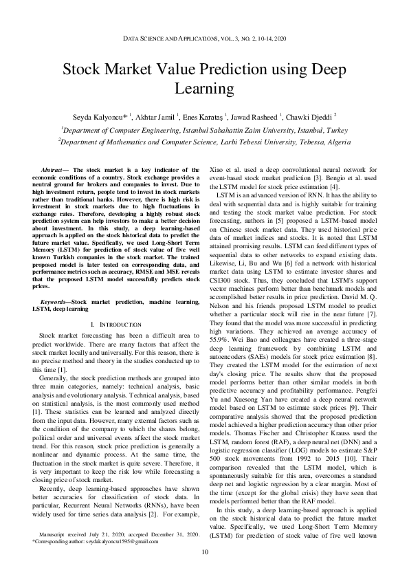 (PDF) Stock Market Value Prediction using Deep Learning