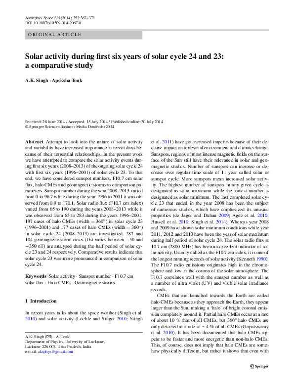 (PDF) Solar activity during first six years of solar cycle 24 and 23: a ...