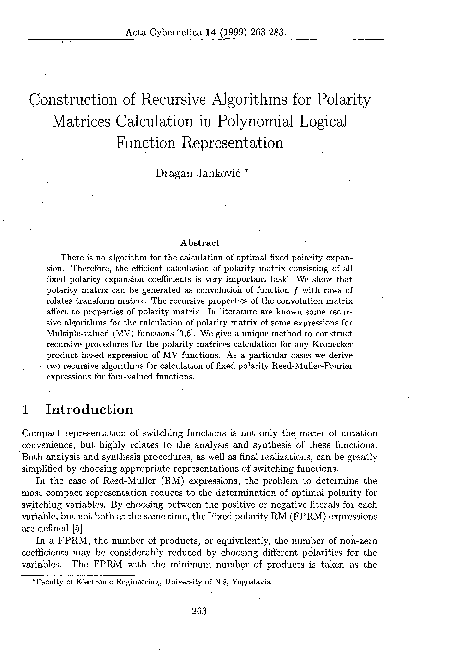 Pdf Construction Of Recursive Algorithms For Polarity Matrices Calculation In Polynomial