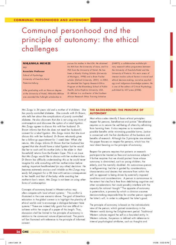 (PDF) Communal personhood and the principle of authonomy: the ethical ...