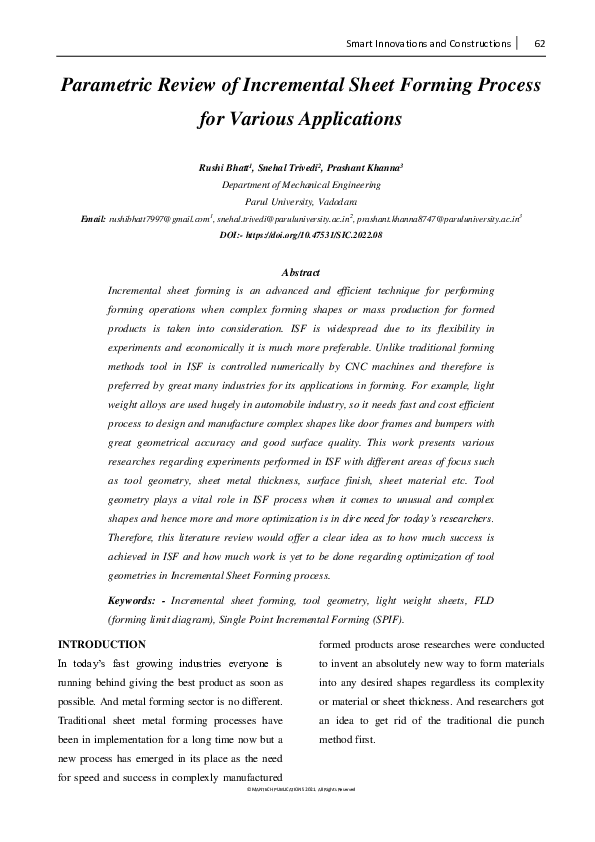 (PDF) Parametric Review of Incremental Sheet Forming Process for Various Applications