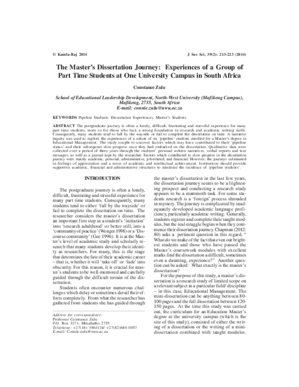 (PDF) The Master’s Dissertation Journey: Experiences of a Group of Part Time Students at One ...