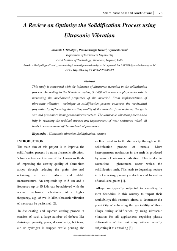 (PDF) A Review on Optimize the Solidification Process using Ultrasonic Vibration