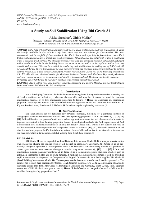 (PDF) A Study on Soil Stabilization Using Rbi Grade 81