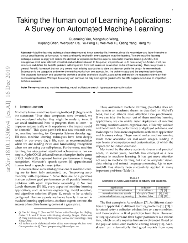 (PDF) Taking Human out of Learning Applications: A Survey on Automated Machine Learning
