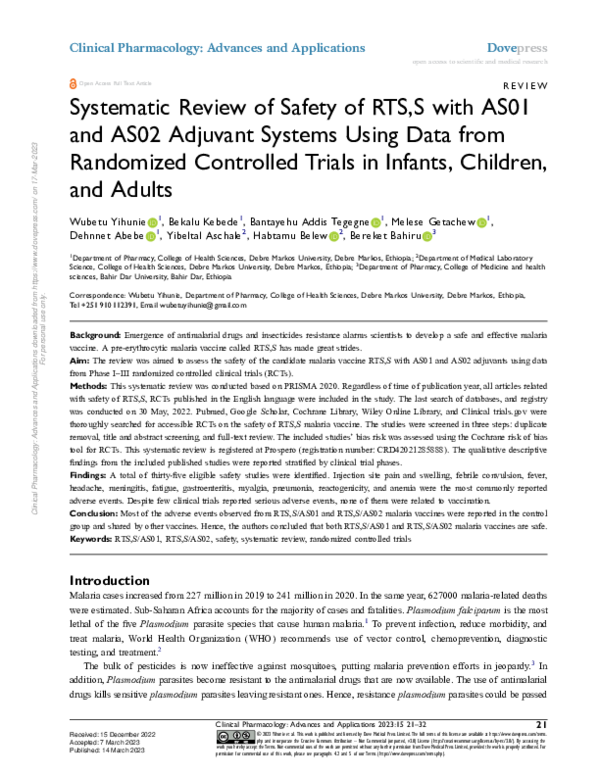 (PDF) Systematic Review of Safety of RTS,S with AS01 and AS02 Adjuvant ...