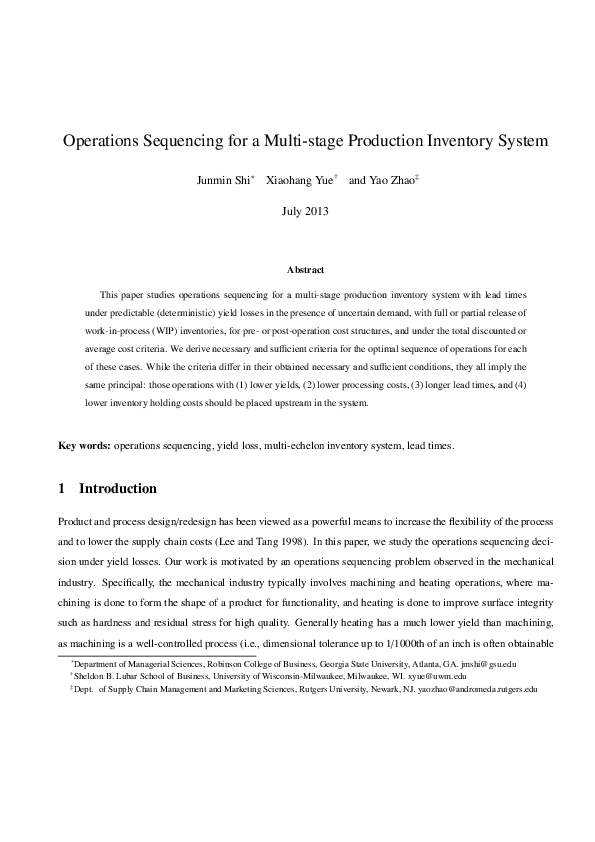 (PDF) Operations sequencing for a multi-stage production inventory ...