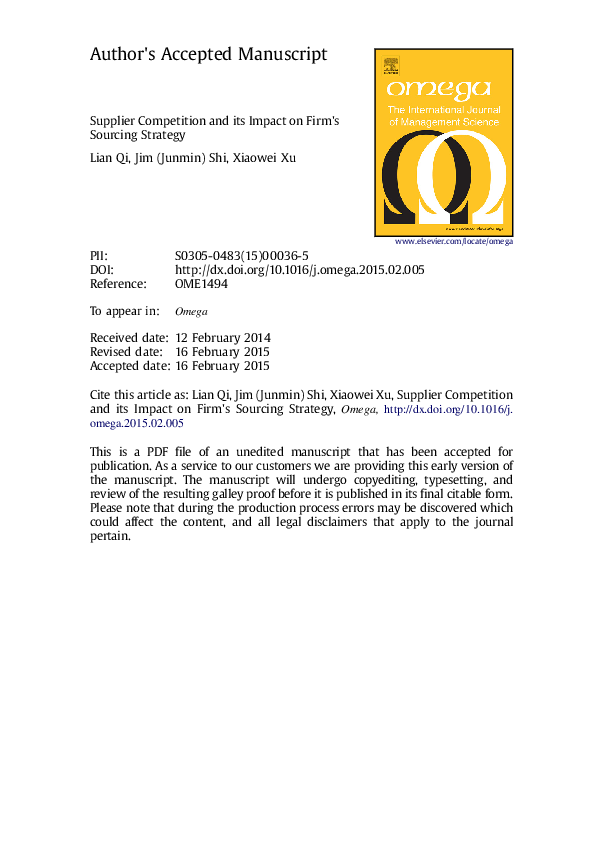 (PDF) Supplier competition and its impact on firm׳s sourcing strategy