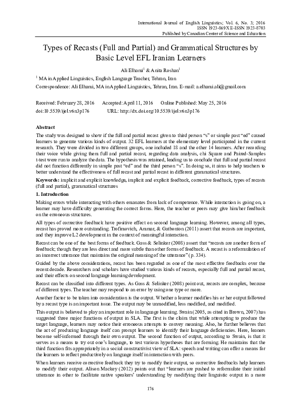 (PDF) Types of Recasts (Full and Partial) and Grammatical Structures by ...