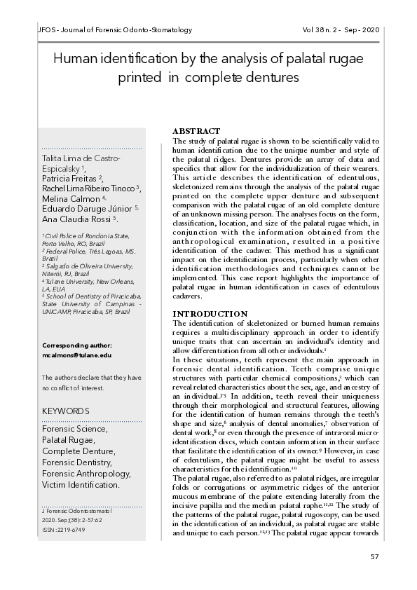 (PDF) Human identification by the analysis of palatal rugae printed in ...
