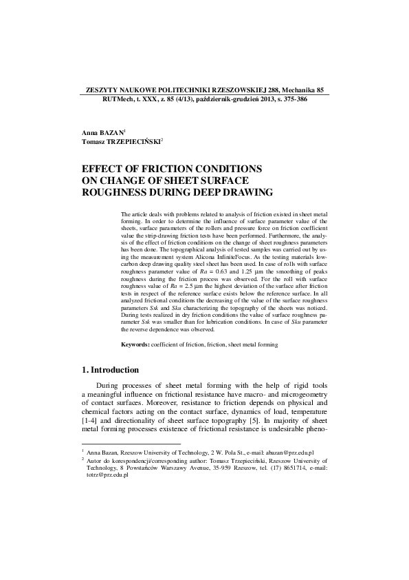 (PDF) Effect of friction conditions on change of sheet surface roughness during deep drawing