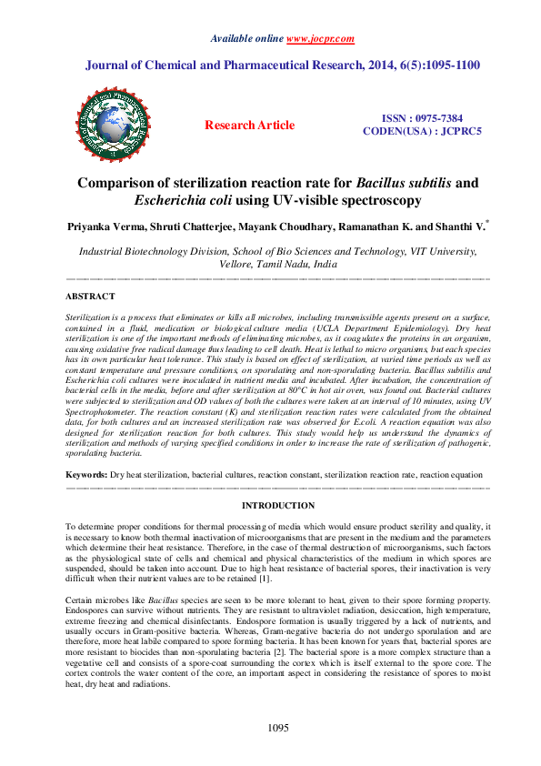 (PDF) Comparison of sterilization reaction rate for Bacillus subtilis and Escherichia coli using ...